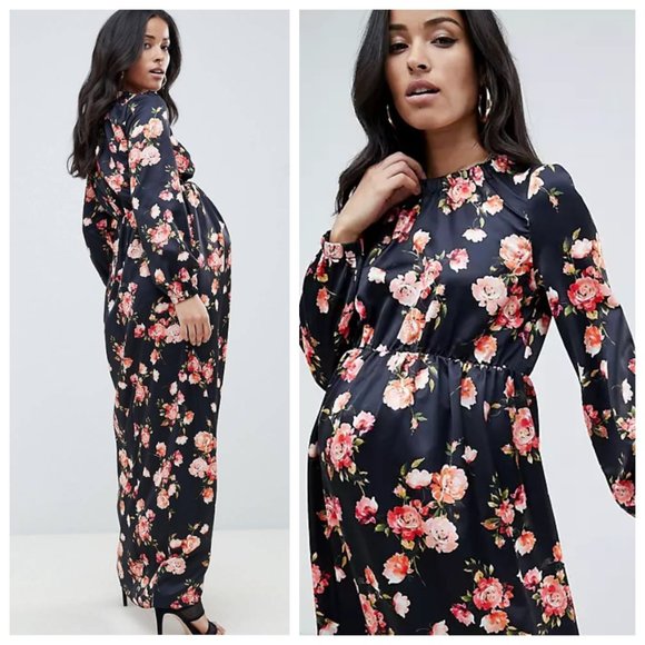 ASOS Maternity | Dresses | Nwt Asos Maternity Black Satin Floral Long ...